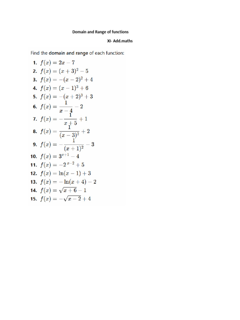 Domain and Range of Functions-practice Sheet | PDF