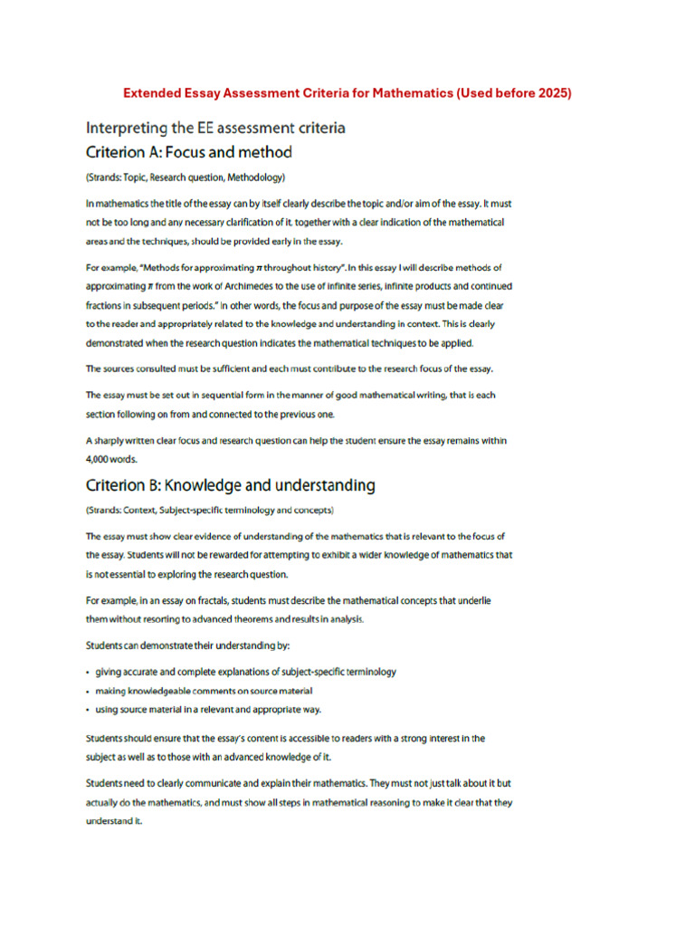 Extended Essay Assessment Criteria for Mathematics | PDF