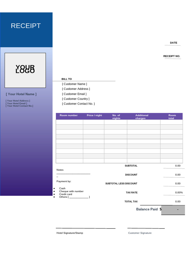 Hotel Stay Receipt Template | PDF