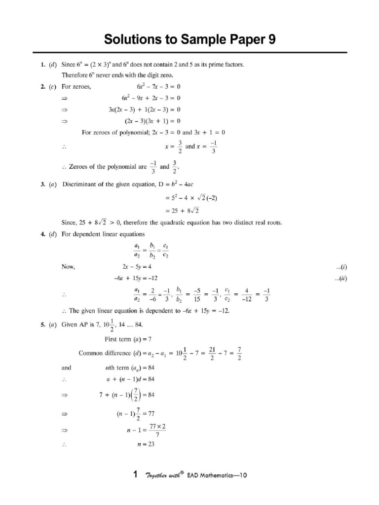 Cbse Cl10 Ead Mathematics 2026 Edition Ans to Sp 9 | PDF