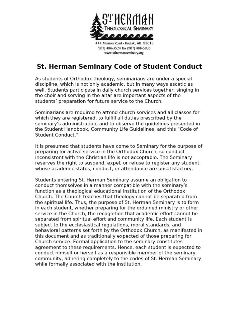 St. Herman Seminary Student Conduct Code | PDF | Seminary | Justice