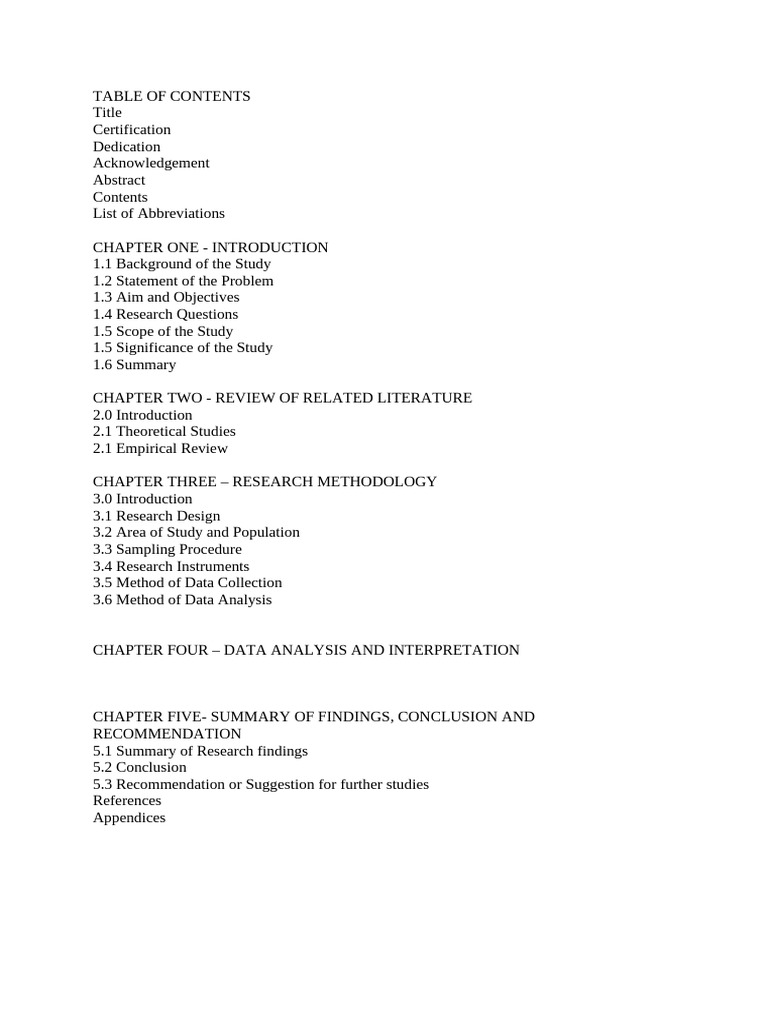 Sample Table of Content-Undergraduate | PDF