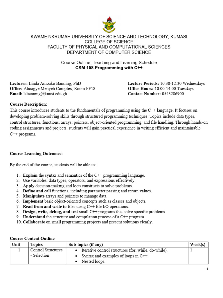 C++ Programming Course Outline KNUST | PDF | Computer Programming ...
