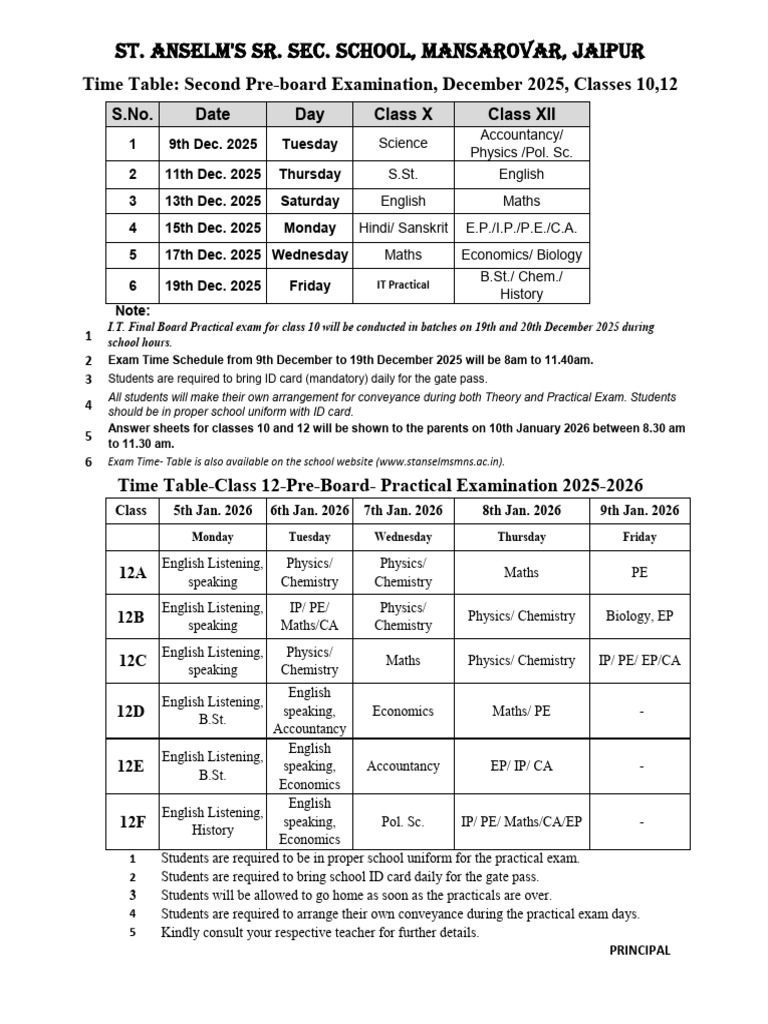 Class 10 & 12 Pre-Board Exam Schedule | PDF