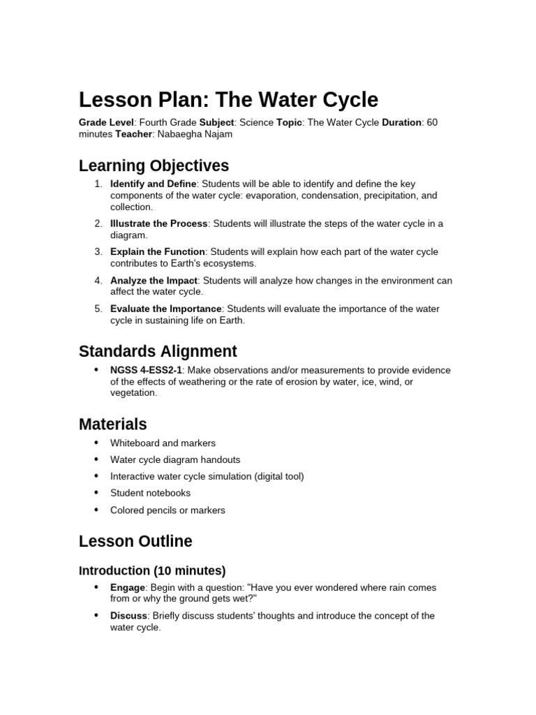 Fourth Grade Water Cycle Lesson Plan | PDF | Water Cycle | Water