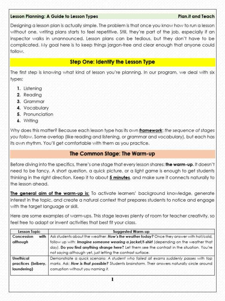 Lesson Planning - Lesson Types - Plan.it and Teach | PDF | Reading Comprehension | Vocabulary