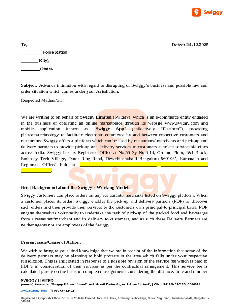 Strike Pre-Intimation Letter Swiggy | PDF