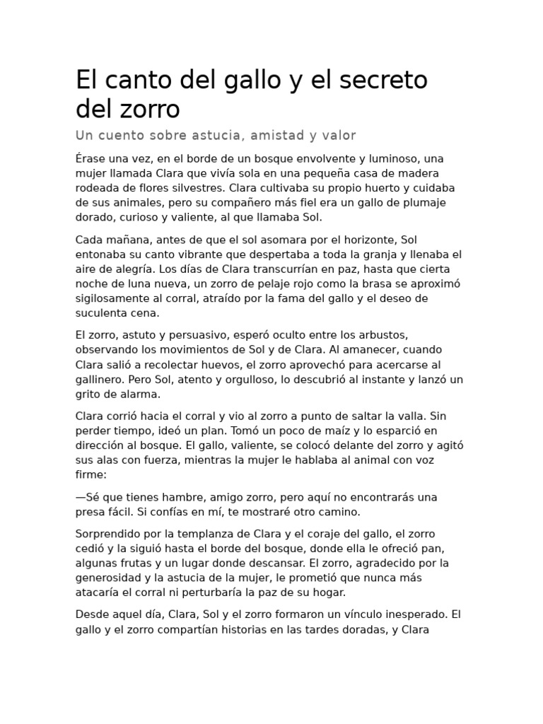 Amistad entre gallo y zorro astuto | PDF