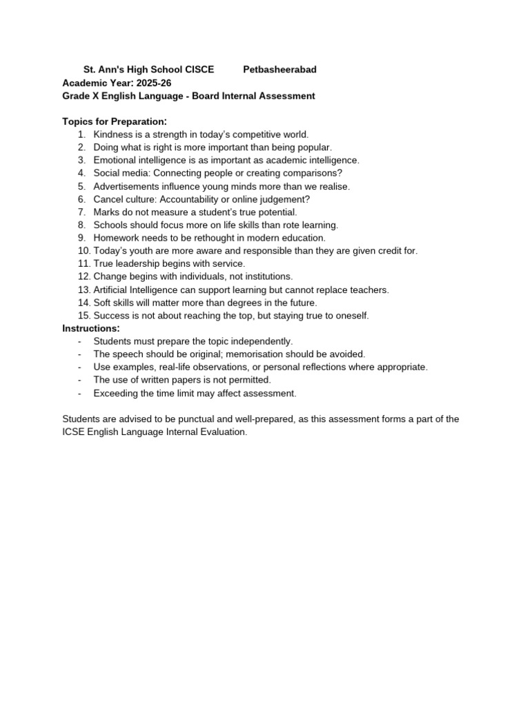 Topics for Internal Assessment | PDF