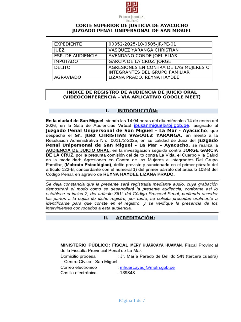 2 - Exp. 352-2025-10 Juicio Oral Agresiones Maltrato Psicológico- Fiscal Mery | PDF | Sentencia ...