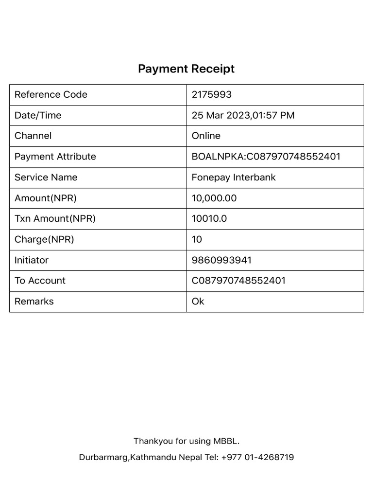 MBBL Payment Receipt - Fonepay Transaction | PDF