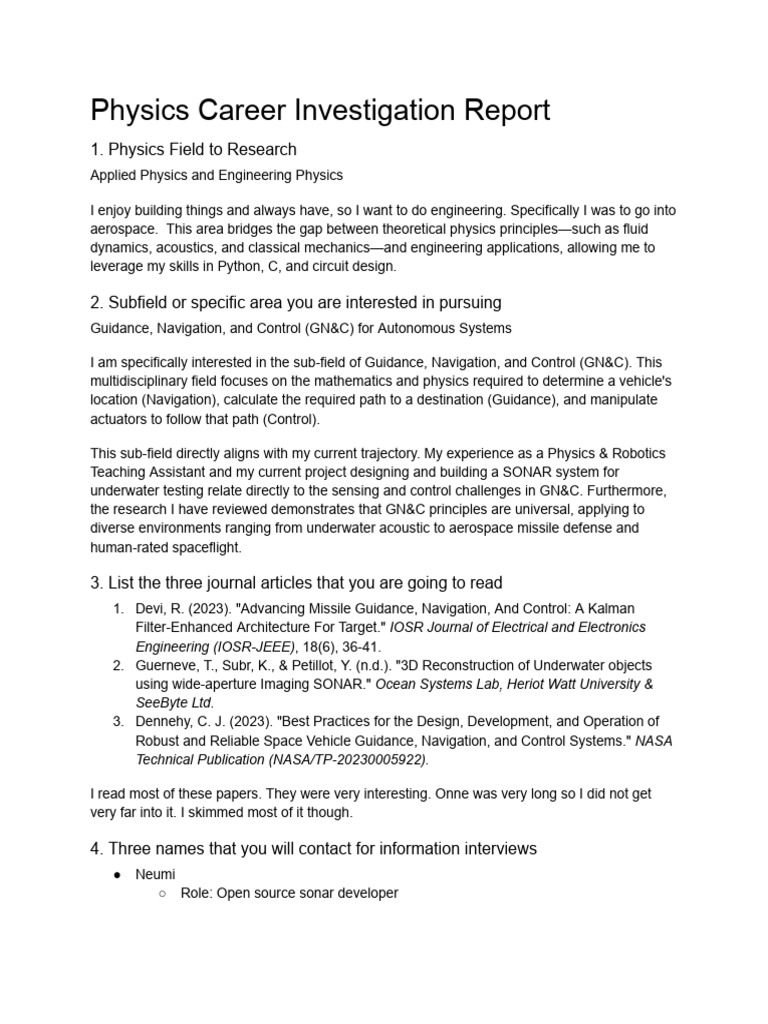 Physics Career Investigation Report | PDF | Navigation | Engineering