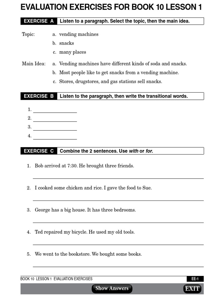 Evaluation Exercises for Book 10, Lesson 1 | PDF | Vending Machine | Drink