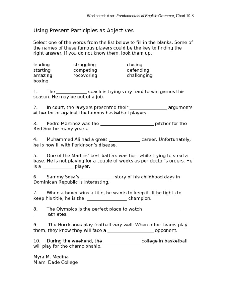 Present Participles as Adjectives Worksheet | PDF