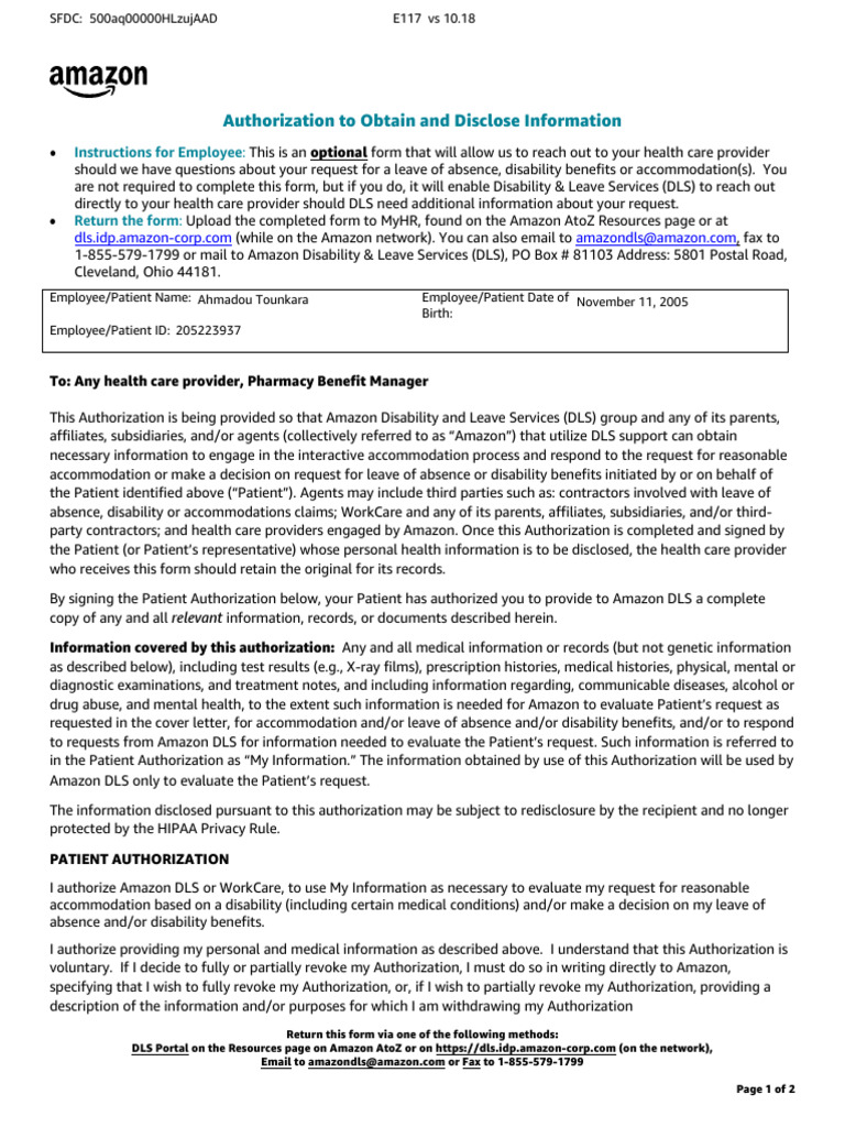 Amazon DLS Patient Authorization Form | PDF | Medical Record | Health ...