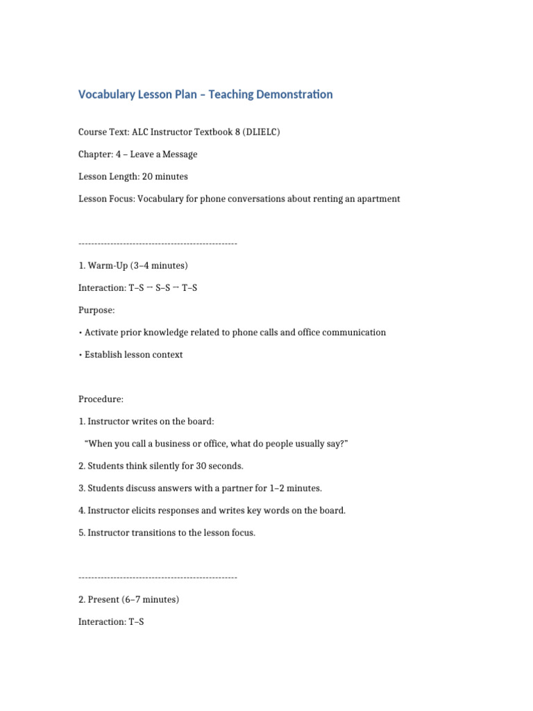 Vocabulary Lesson Plan ALC Chapter 4 | PDF | Reading Comprehension ...