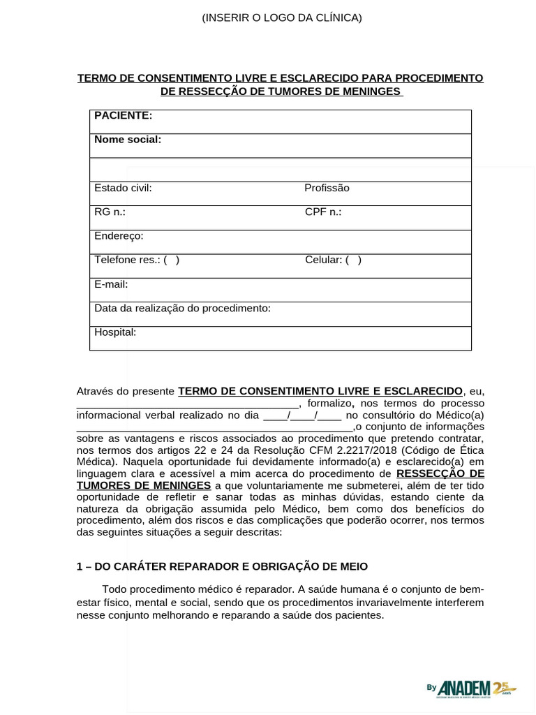 Tcle Resseccao de Tumores de Meninges (1) | PDF | Câncer | Neurocirurgia