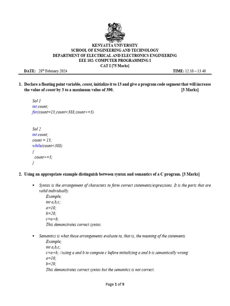 EEE 102 - Computer Programming I - CAT 1 - Memo | PDF | Integer (Computer Science) | Data Type