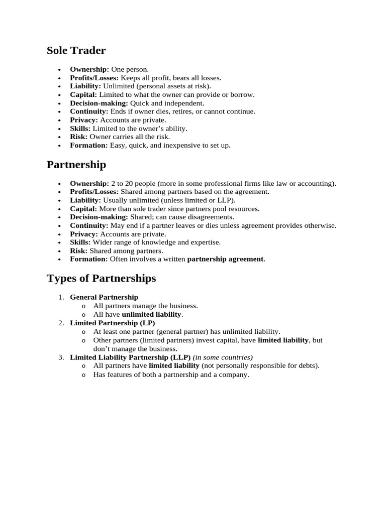 Sole Trader vs Partnership Overview | PDF | Partnership | Limited ...