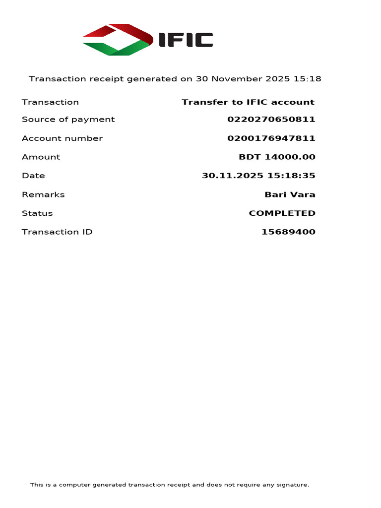 Transaction Receipt for BDT 14000 | PDF