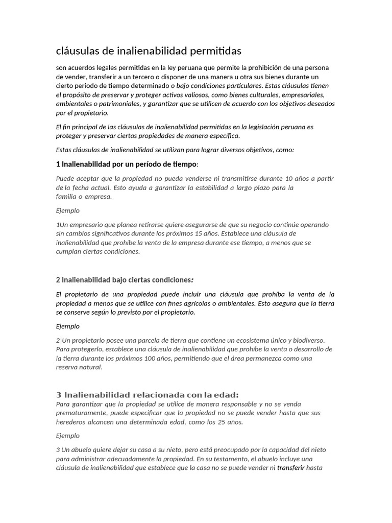 Cláusulas de Inalienabilidad en Perú | PDF | Propiedad