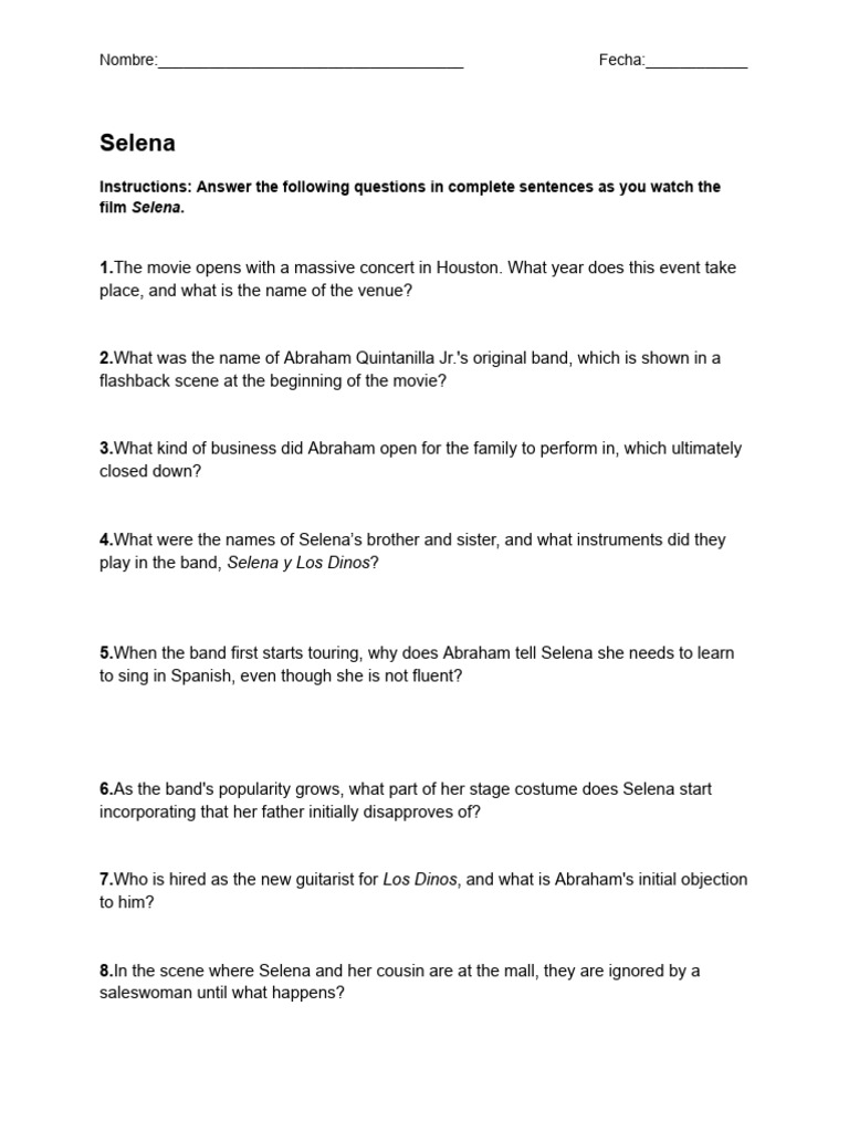 Film Study Questions for "Selena" | PDF