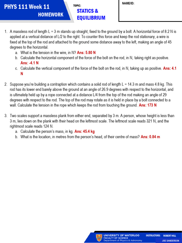 Statics and Equilibrium Homework Solutions | PDF