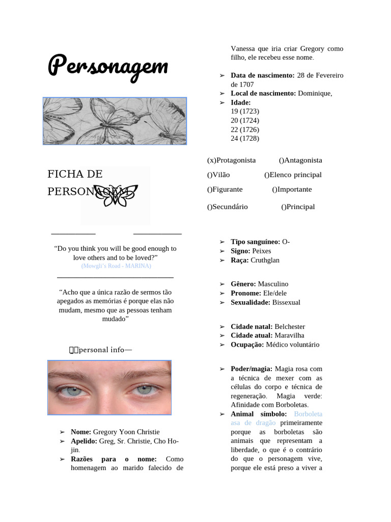 Ficha do Personagem Gregory Yoon Christie | PDF | Todos | Tempo