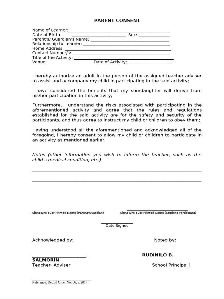 Parent Consent Form for Student Activities | PDF