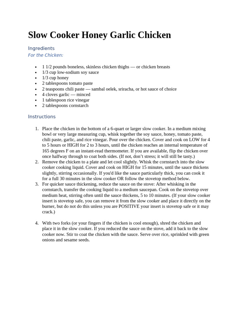 Slow Cooker Honey Garlic Chicken | PDF