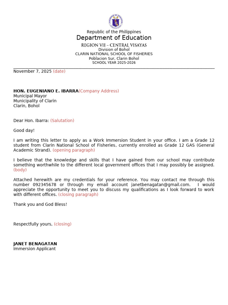 Work Immersion Application Letter | PDF