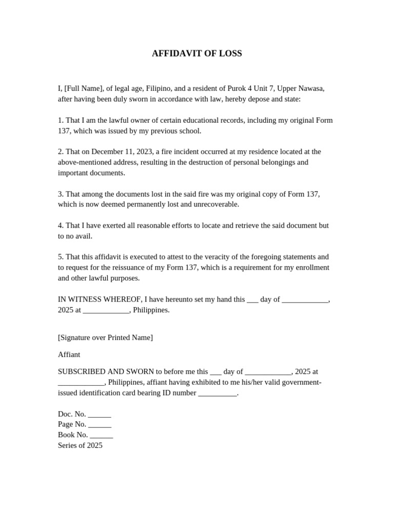 Most Formal Affidavit of Loss Form 137 | PDF