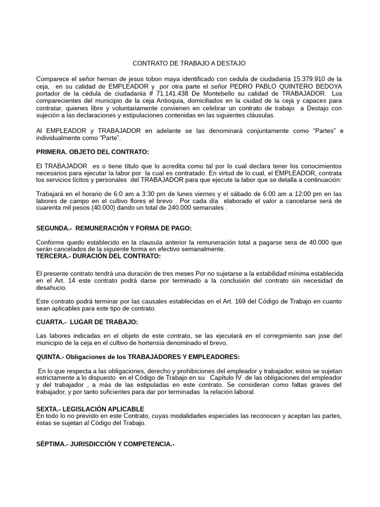 Contrato de Trabajo a Destajo en Cultivo | PDF | Justicia | Crimen y ...