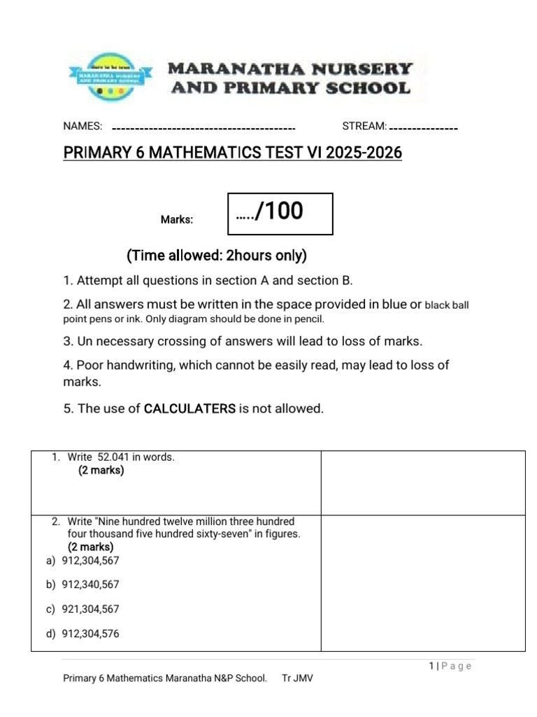Mathematics p6 Welcome Test | PDF | Area | Mathematics
