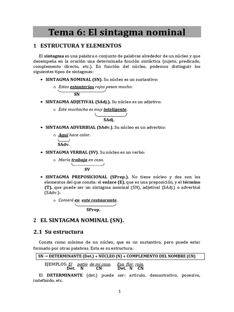Estructura y funciones del sintagma nominal | PDF | Sustantivo | Adjetivo