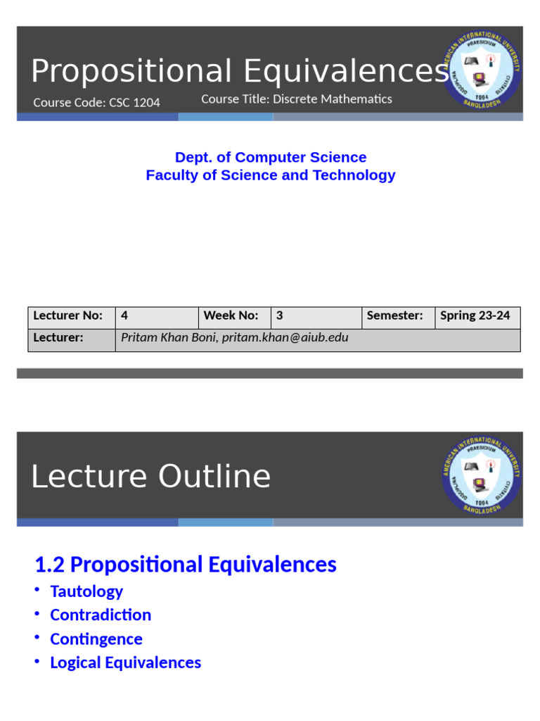 Dm 4 PropositionalEquivalences | PDF | Contradiction | Contingency ...