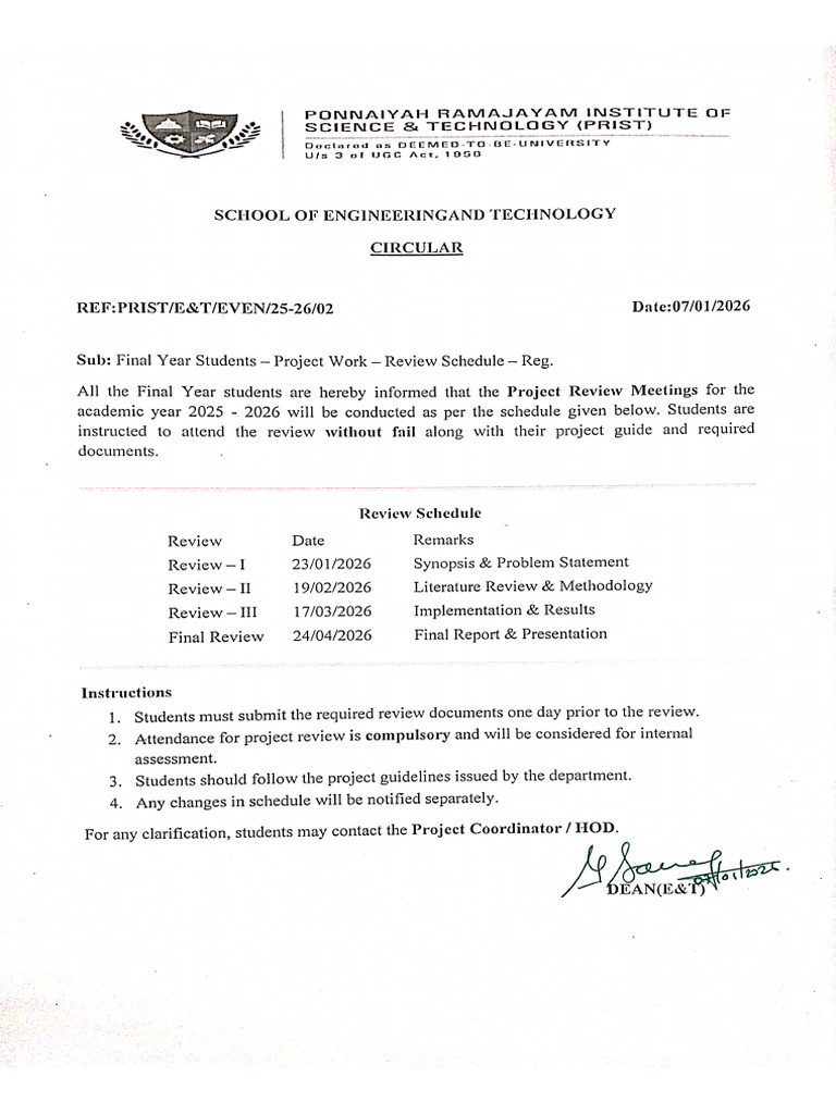 E&T-Final Year - Project Review Schedule Circular | PDF