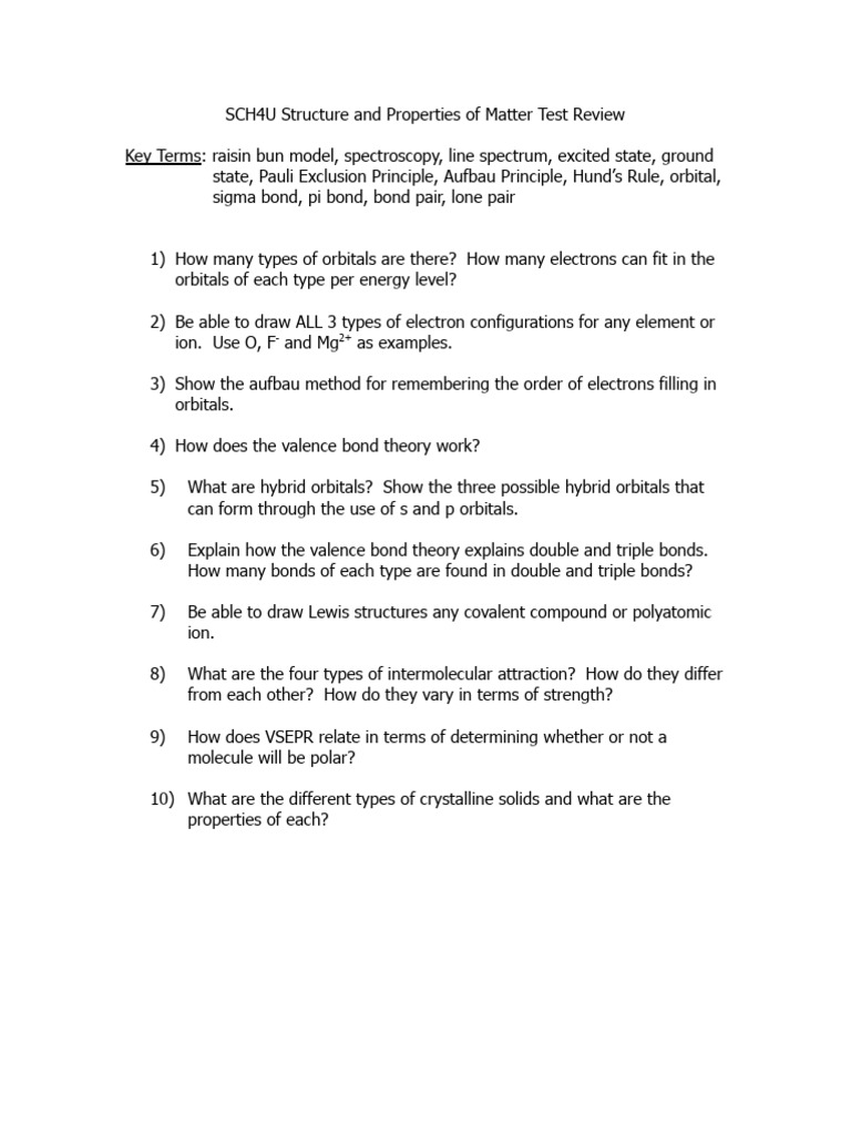 SCH 4U Structure and Properties of Matter Test Review | PDF