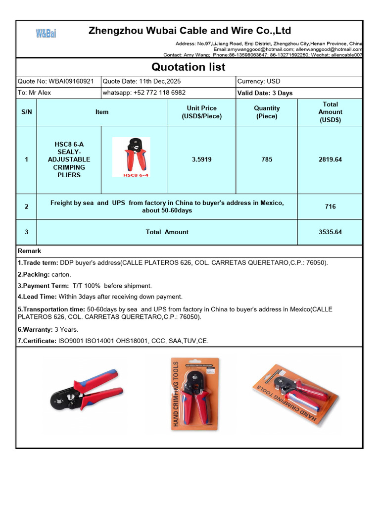 Zhengzhou Wubai Cable Quotation Details | PDF