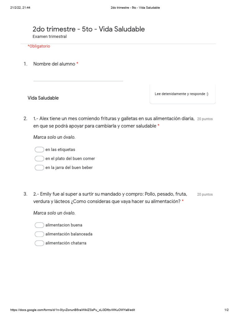 Examen Vida Saludable 5to Grado | PDF