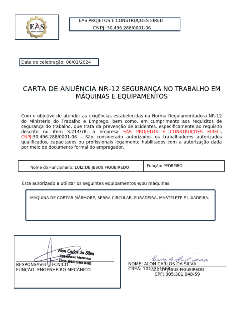 Modelo de Autorização Nr12 Consul | PDF