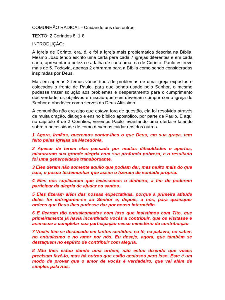 COMUNHÃO RADICAL - Cuidando uns dos outros - 01.12.2021 | PDF | Amor ...