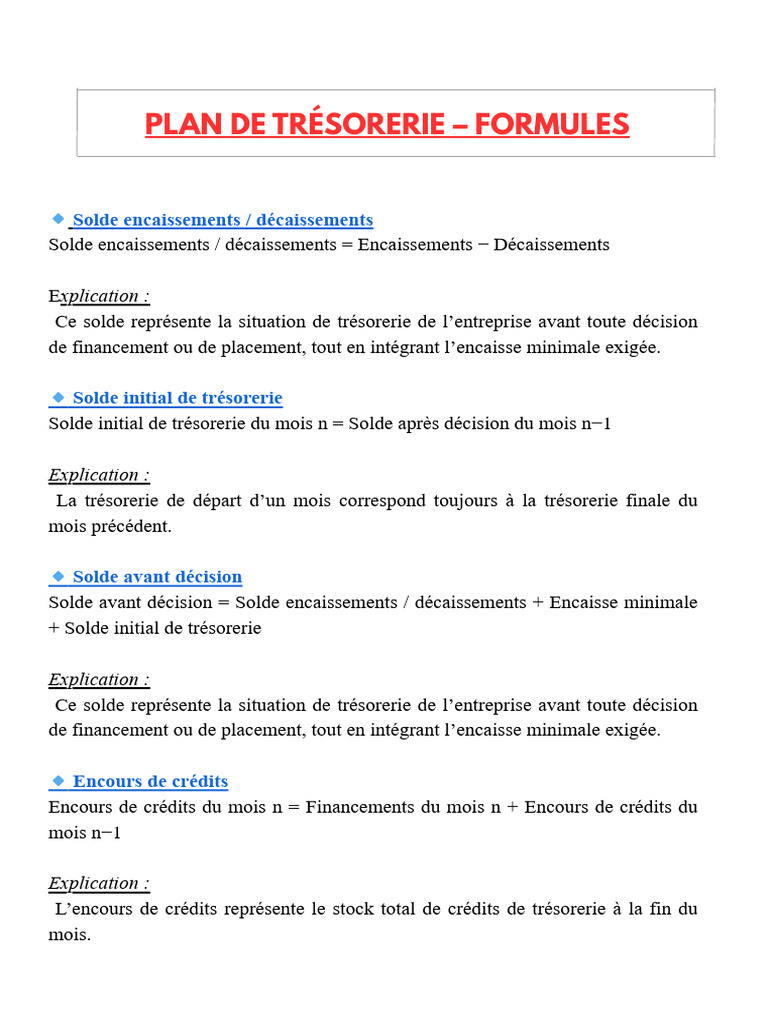 Plan de Trésorerie : Formules Clés | PDF | Trésor | Crédit