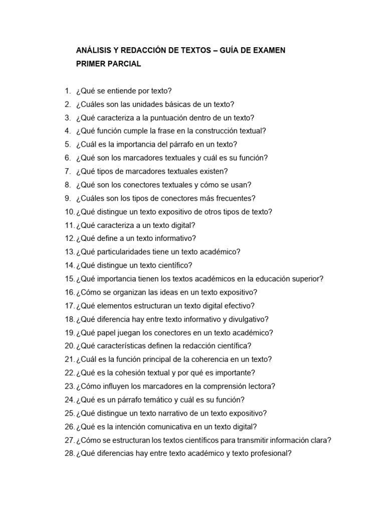 Análisis y Redacción de Textos - Guía de Examen | PDF | Comprensión ...