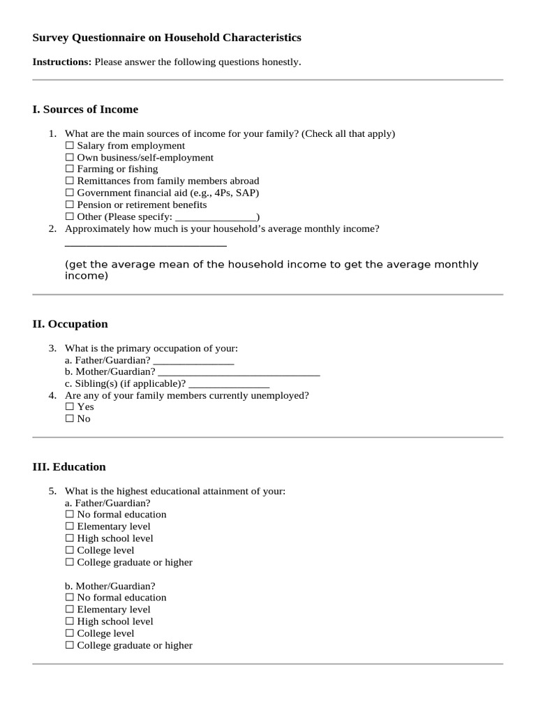 Survey Questionnaire On Social Stratification and Household ...