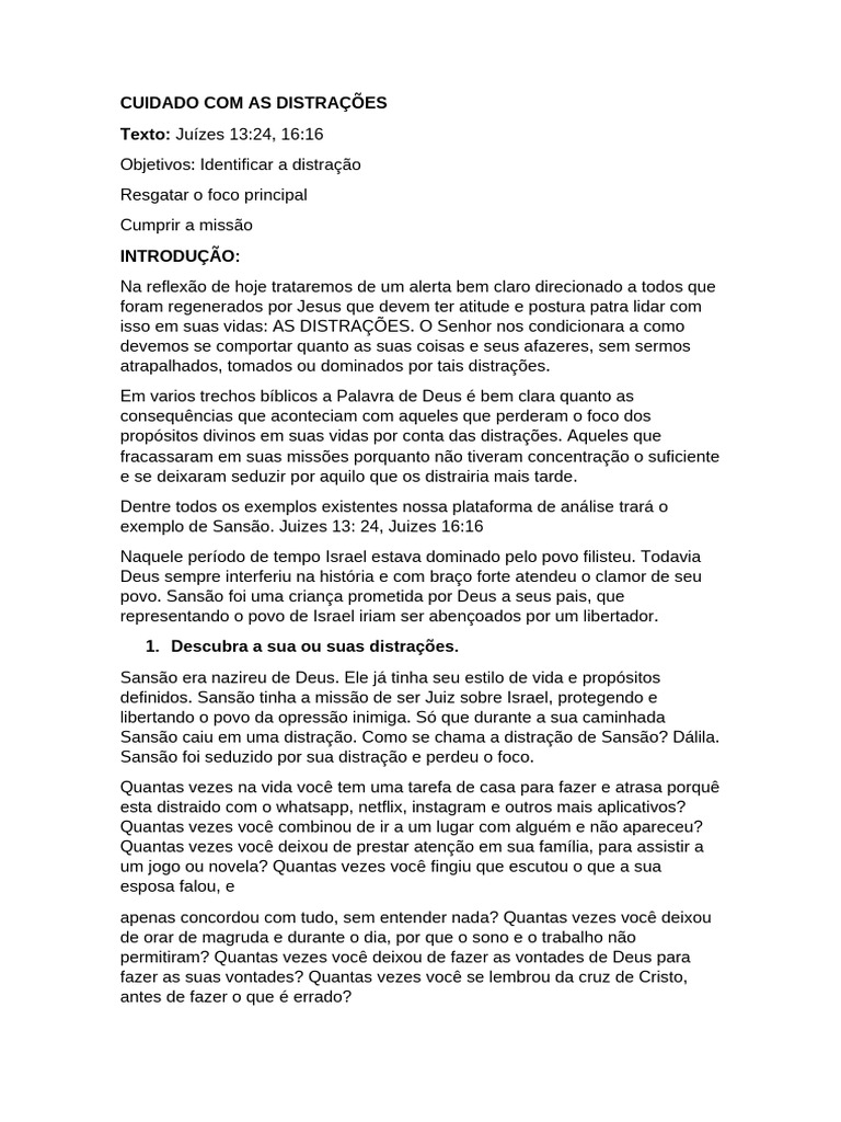 CUIDADO COM AS DISTRAÇÕES | PDF | Sansão | Dalila