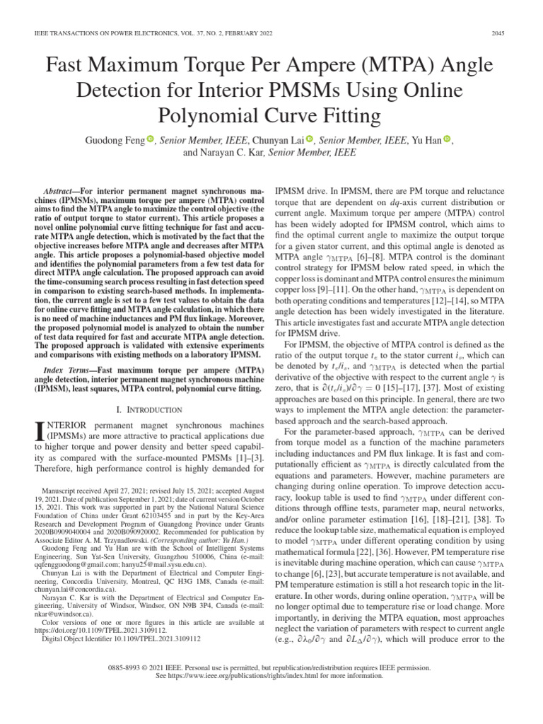 Fast MTPA Angle Detection for IPMSMs | PDF | Inductance | Angle