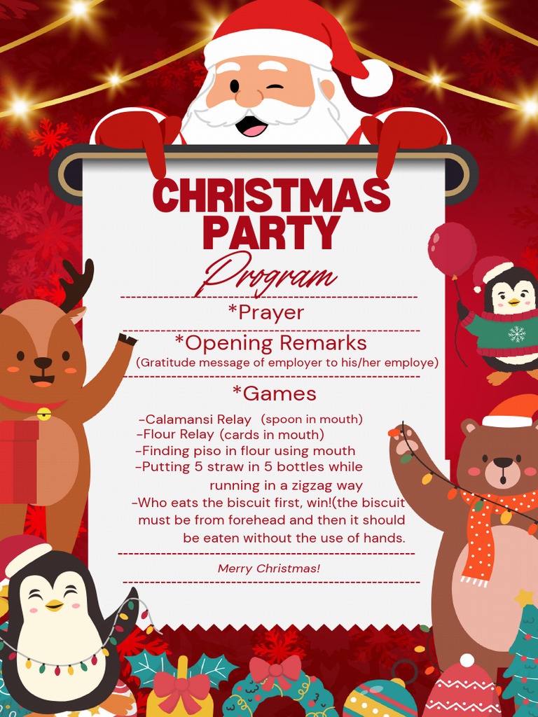 Christmas Party Program in Red Cute Animals Illustrative Style | PDF