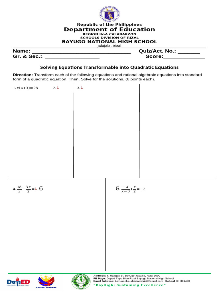 Assessment - Equations Transformable Into QE | PDF
