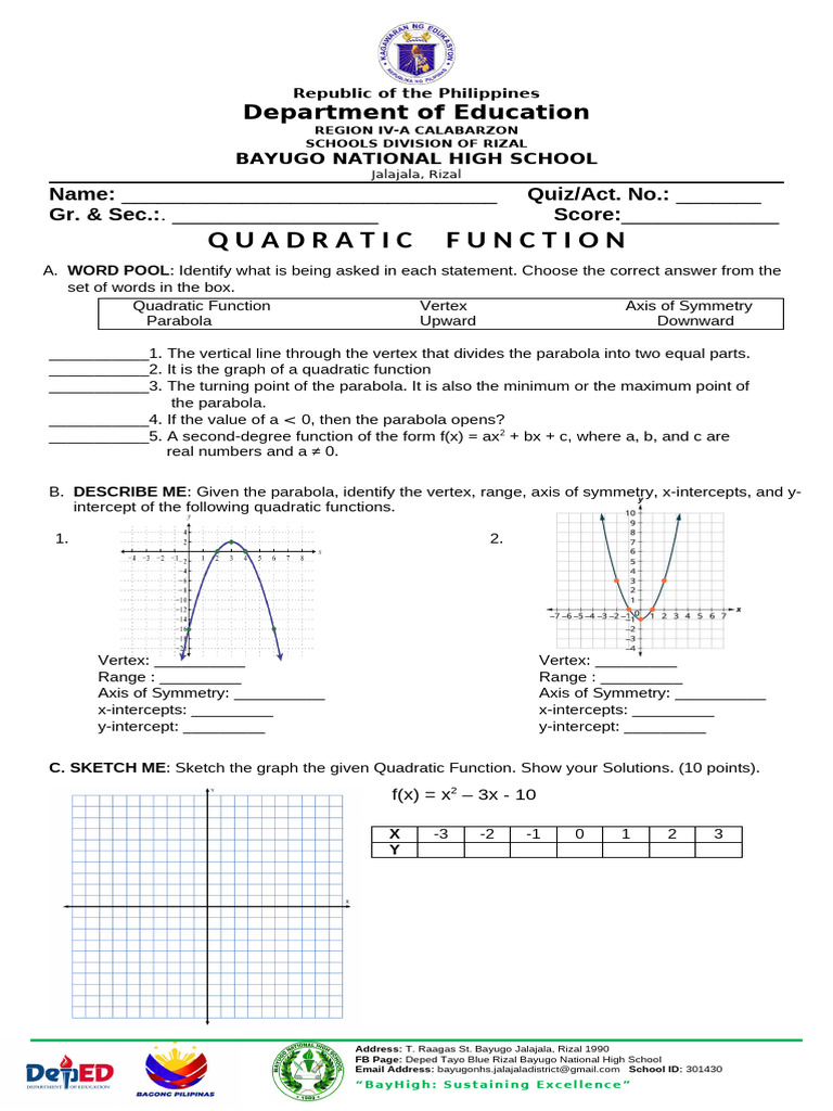 Quadratic Function Quiz for Students | PDF | Mathematical Concepts ...